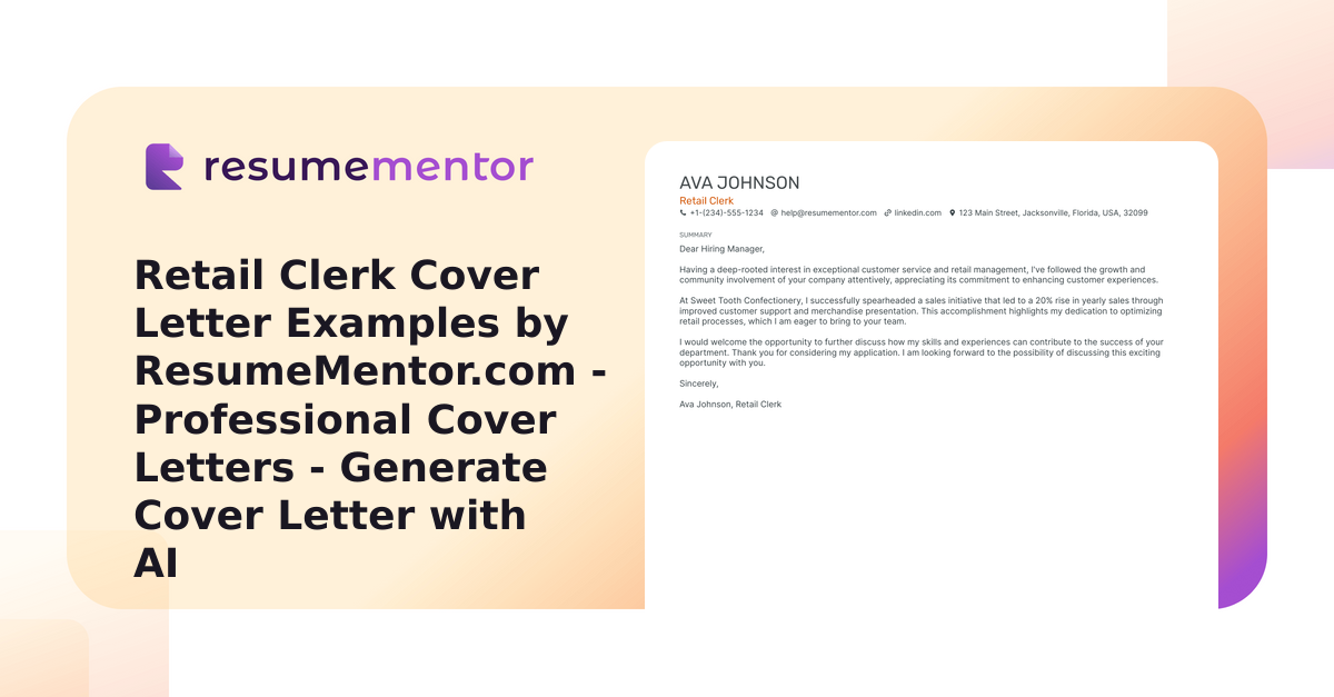 Retail Clerk Cover Letter Examples by ResumeMentor.com - Professional Cover Letters - Generate ...