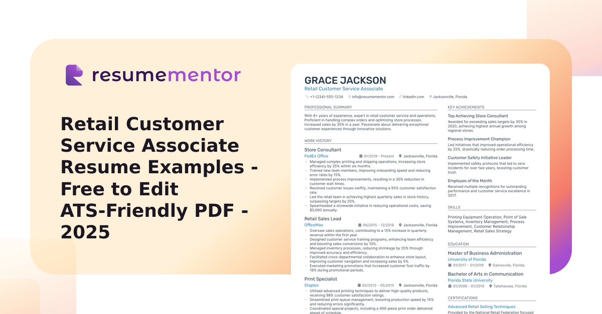 Retail Customer Service Associate Resume Examples - Free to Edit ATS ...