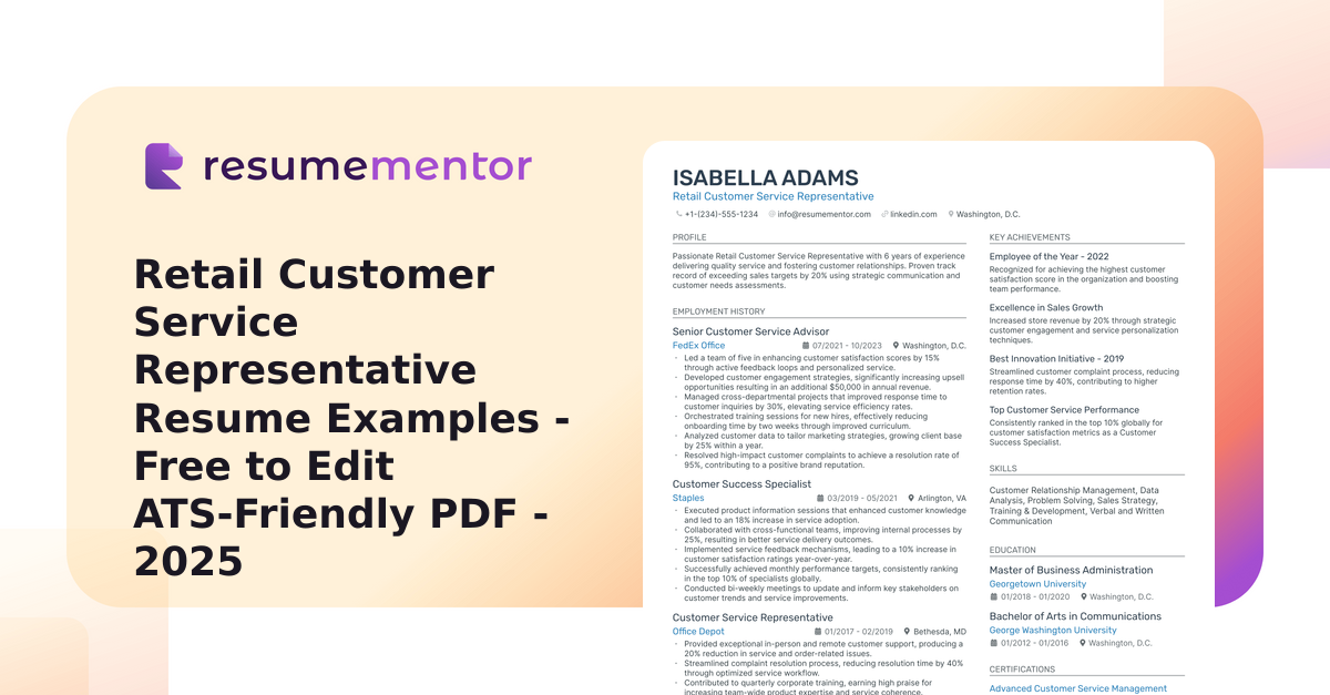 Retail Customer Service Representative Resume Examples - Free to Edit ...