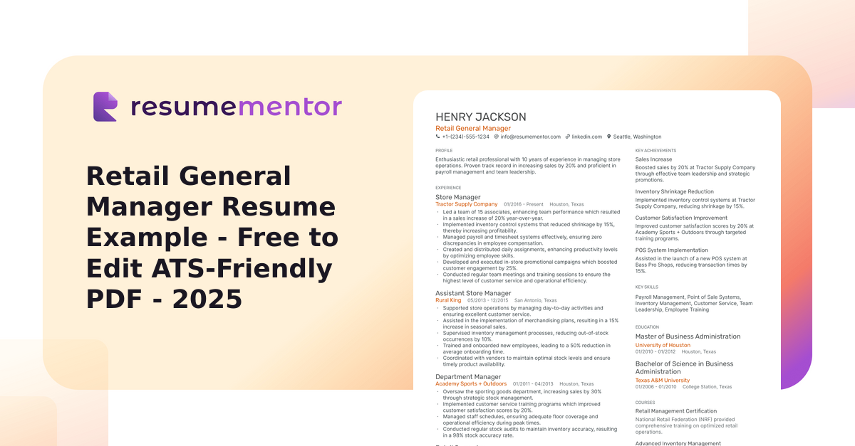 Retail General Manager Resume Example - Free to Edit ATS-Friendly PDF ...
