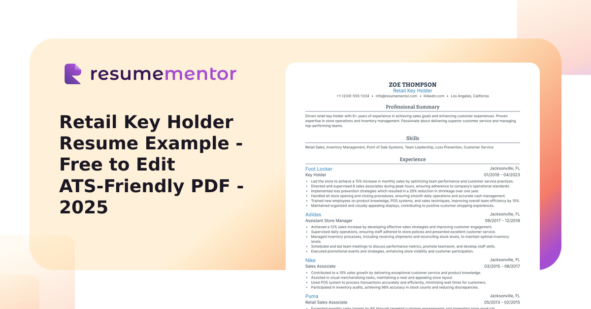 Retail Key Holder Resume Example - Free to Edit ATS-Friendly PDF - 2025