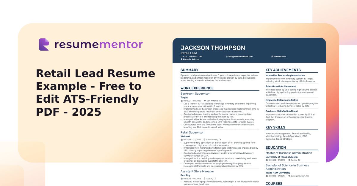 Retail Lead Resume Example - Free to Edit ATS-Friendly PDF - 2025