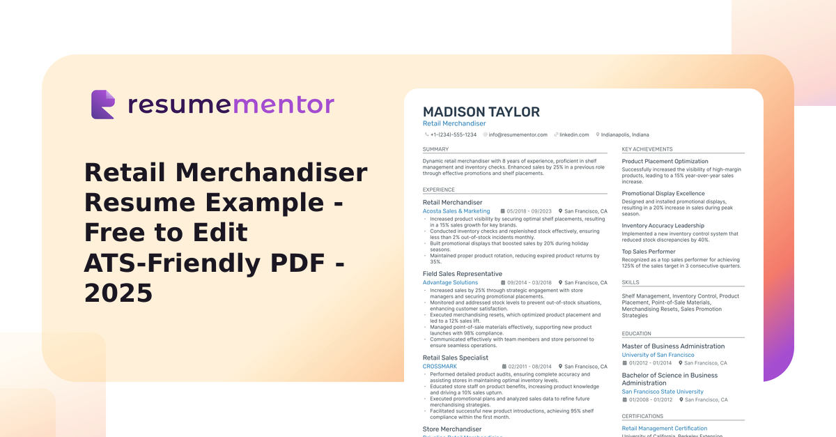 Retail Merchandiser Resume Example - Free to Edit ATS-Friendly PDF - 2025
