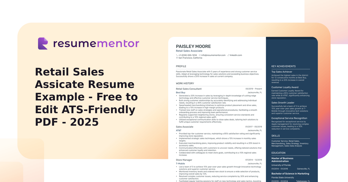 Retail Sales Assicate Resume Example - Free to Edit ATS-Friendly PDF - 2025