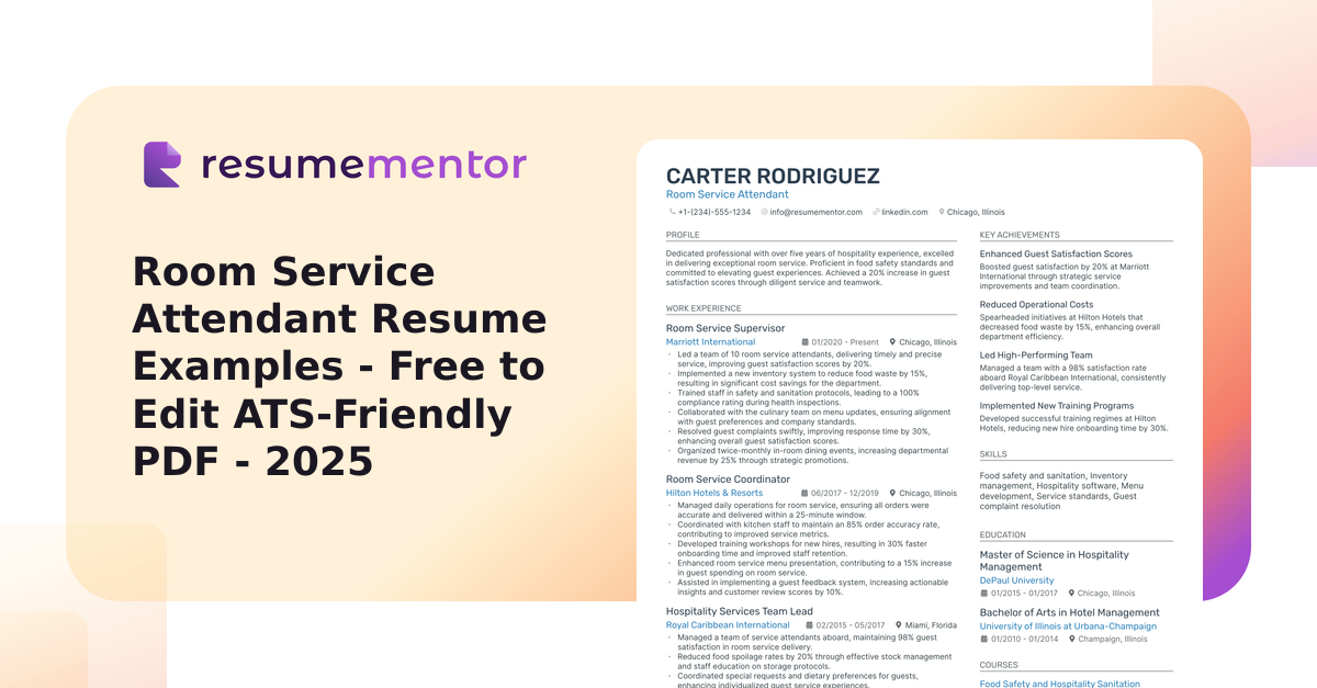 Room Service Attendant Resume Examples - Free to Edit ATS-Friendly PDF ...