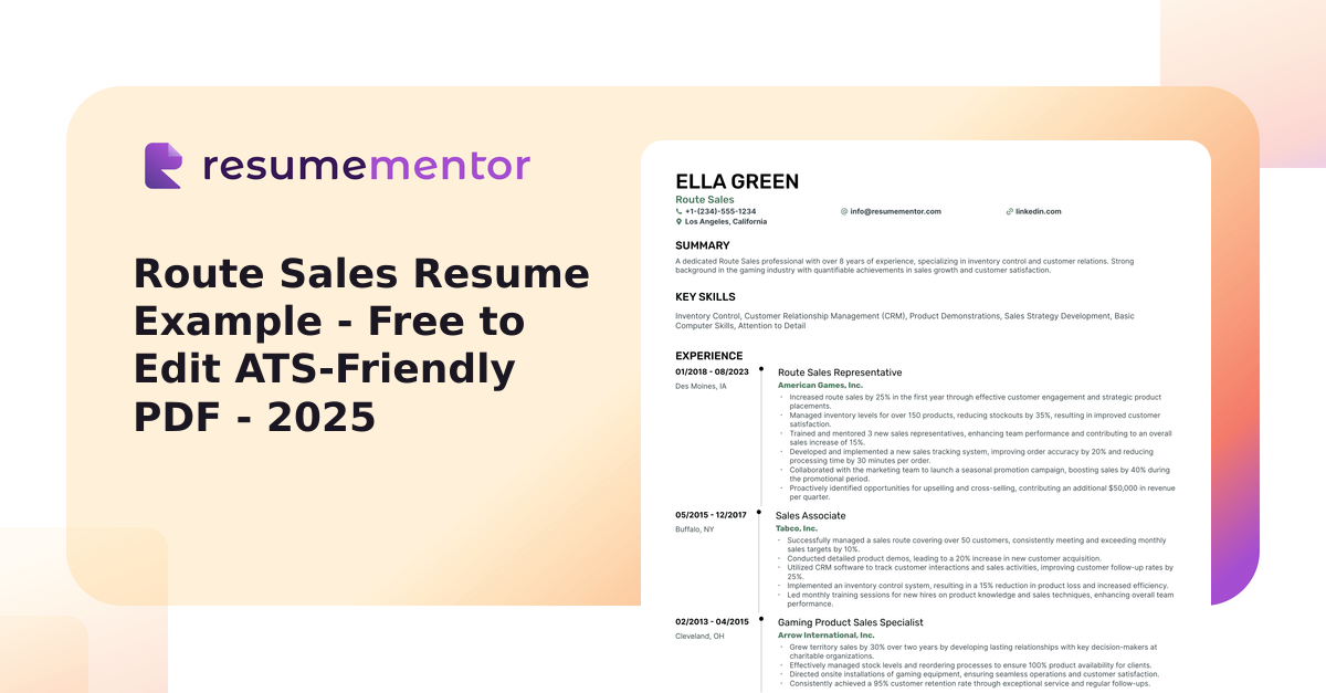 Route Sales Resume Example - Free to Edit ATS-Friendly PDF - 2025
