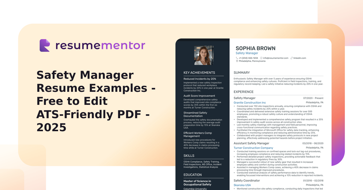 Safety Manager Resume Examples - Free to Edit ATS-Friendly PDF - 2025