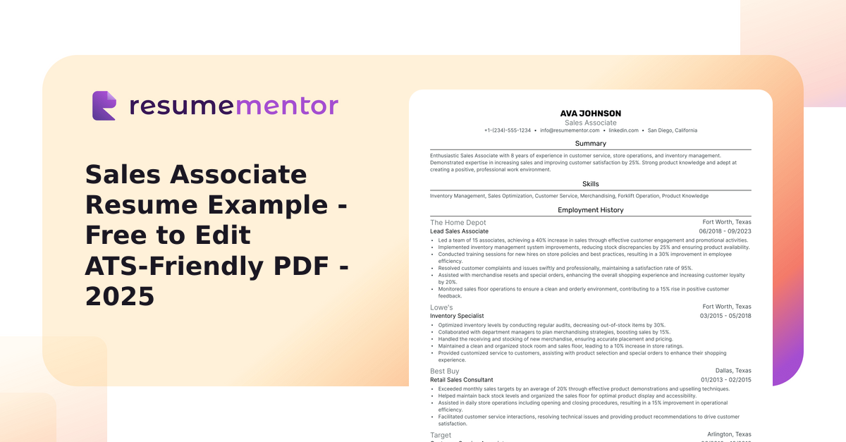 Sales Associate Resume Example - Free to Edit ATS-Friendly PDF - 2025