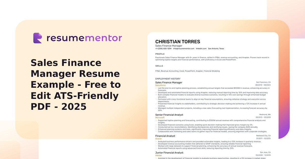 Sales Finance Manager Resume Example - Free to Edit ATS-Friendly PDF - 2025