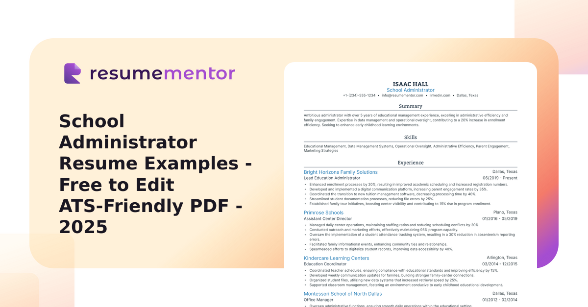 School Administrator Resume Examples - Free to Edit ATS-Friendly PDF - 2025