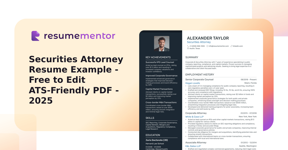 Securities Attorney Resume Example - Free to Edit ATS-Friendly PDF - 2025