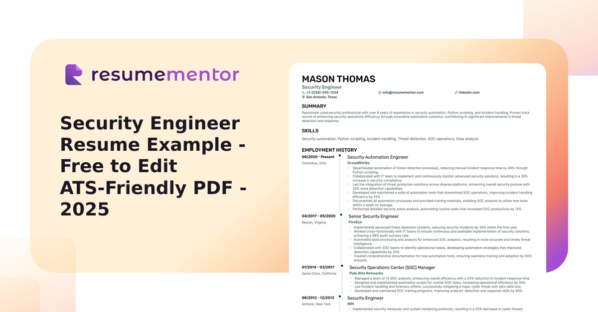 Security Engineer Resume Example - Free to Edit ATS-Friendly PDF - 2025