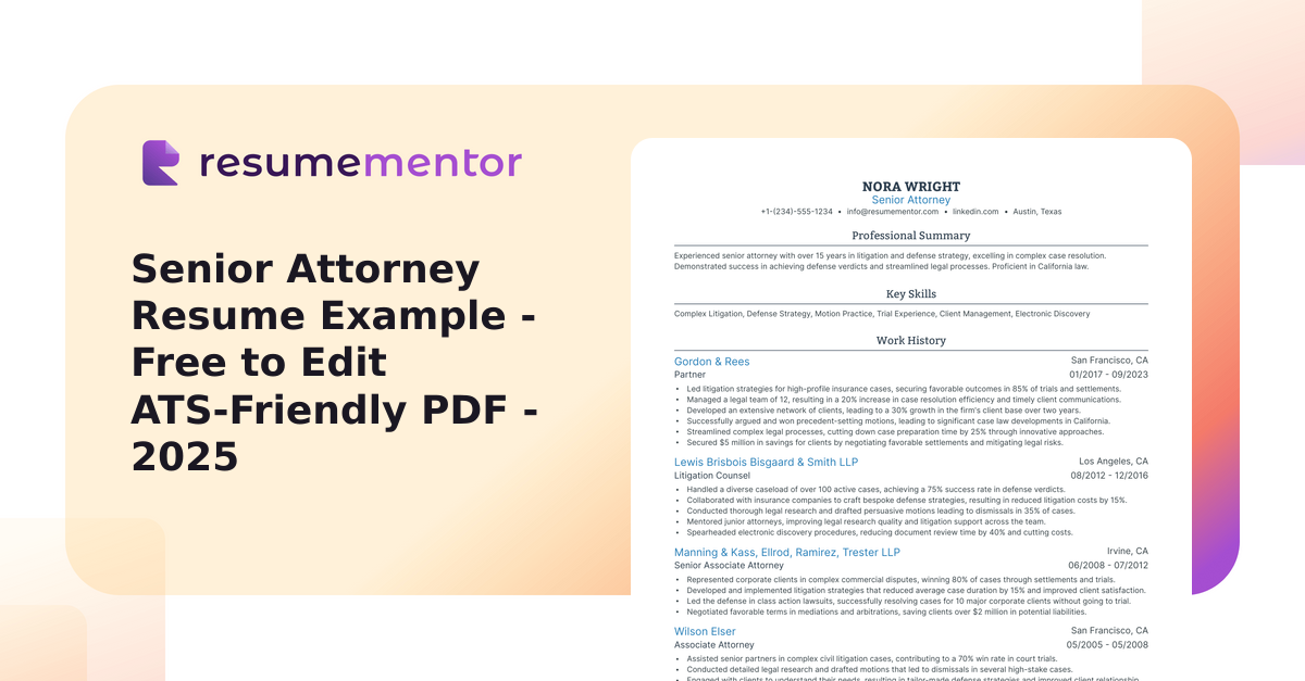 Senior Attorney Resume Example - Free to Edit ATS-Friendly PDF - 2025