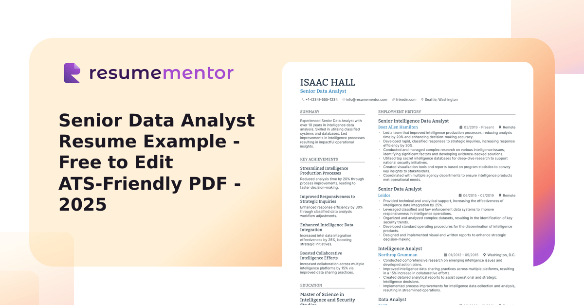 Senior Data Analyst Resume Example - Free to Edit ATS-Friendly PDF - 2025