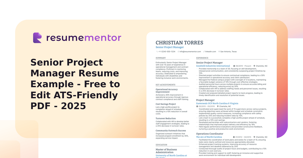 Senior Project Manager Resume Example - Free to Edit ATS-Friendly PDF ...