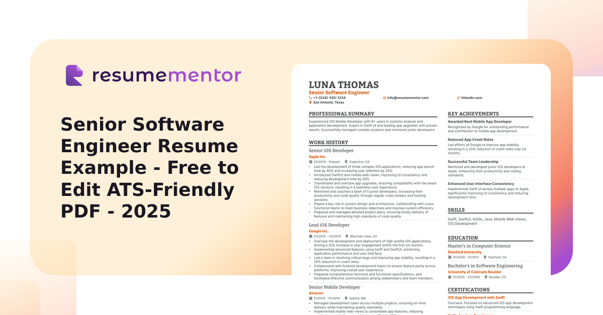 Senior Software Engineer Resume Example - Free to Edit ATS-Friendly PDF ...