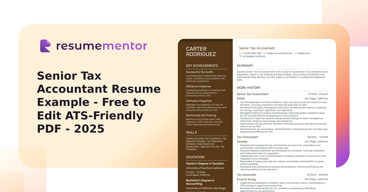 Senior Tax Accountant Resume Example - Free to Edit ATS-Friendly PDF - 2025