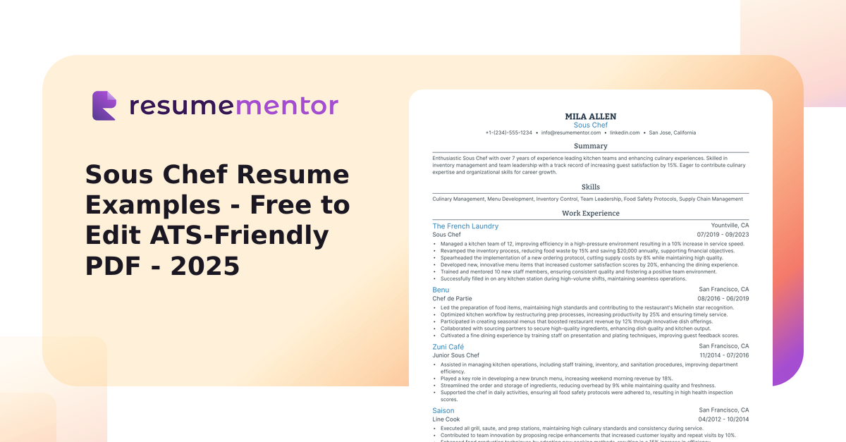 Sous Chef Resume Examples - Free to Edit ATS-Friendly PDF - 2025