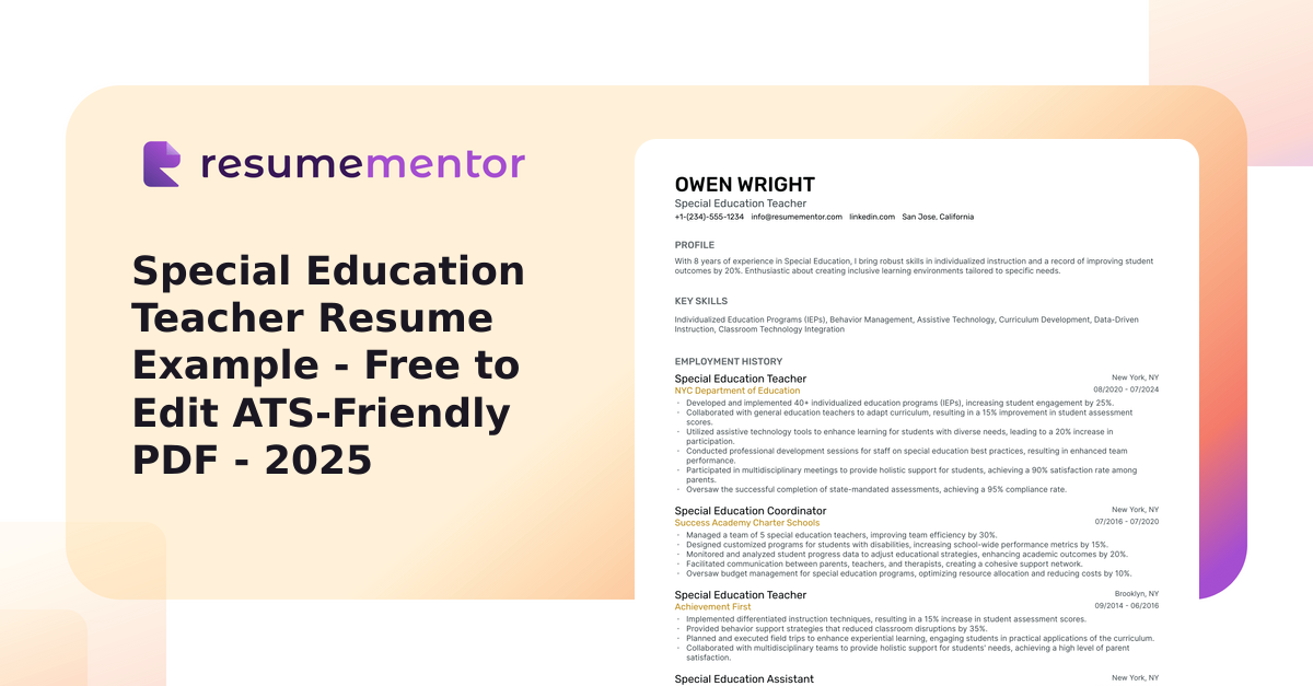 Special Education Teacher Resume Example - Free to Edit ATS-Friendly ...