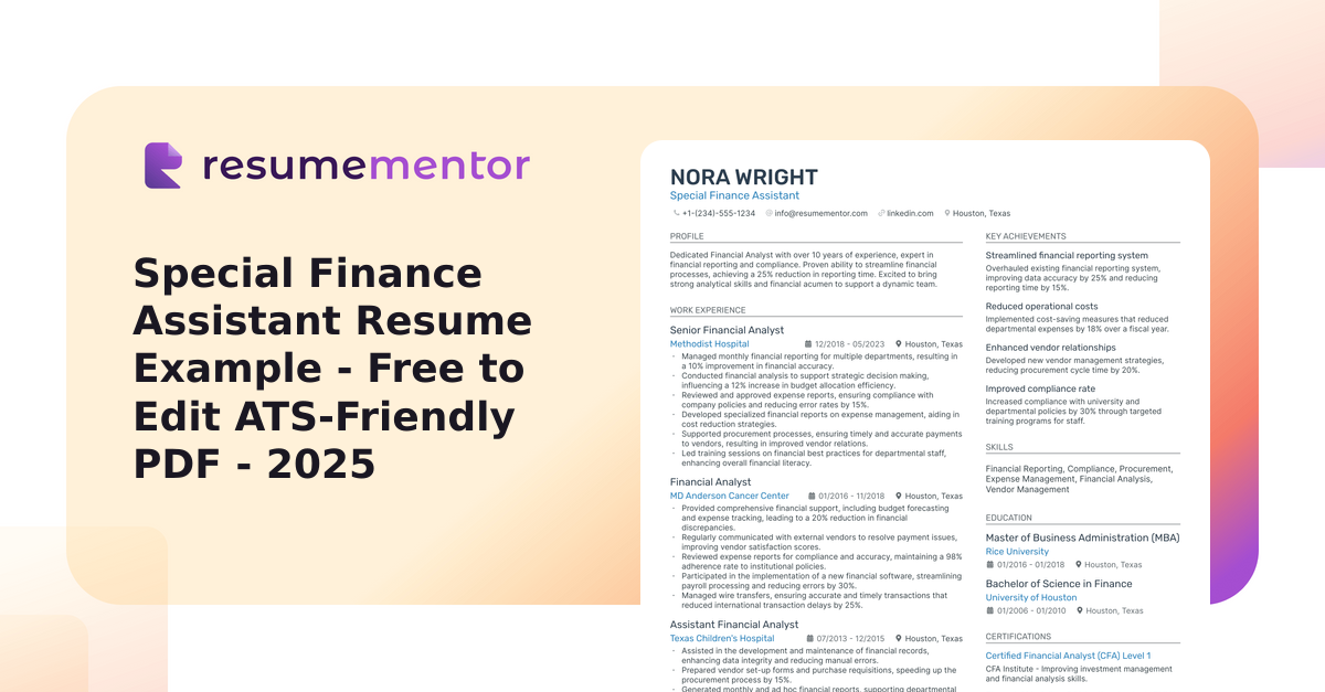 Special Finance Assistant Resume Example - Free to Edit ATS-Friendly ...
