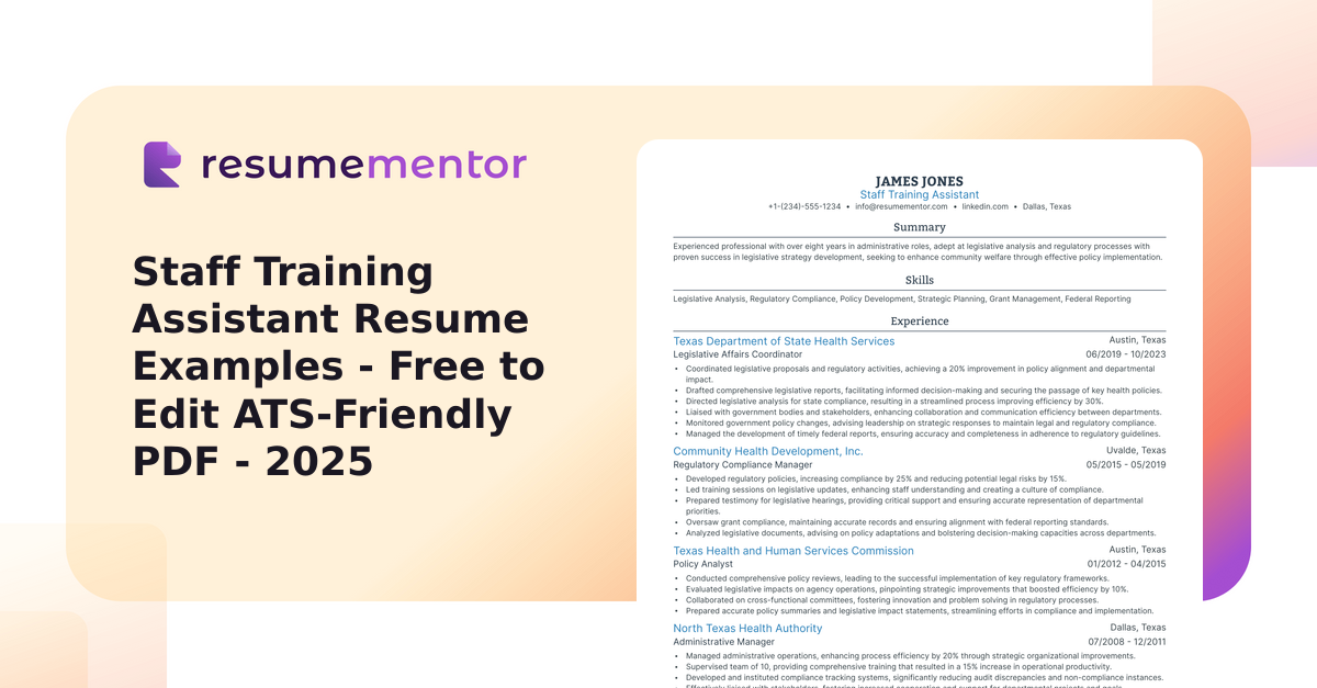 Staff Training Assistant Resume Examples - Free to Edit ATS-Friendly ...