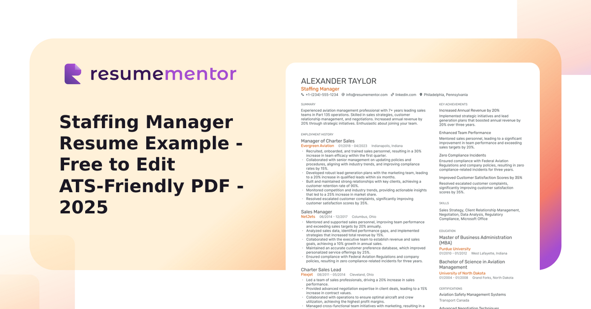 Staffing Manager Resume Example - Free to Edit ATS-Friendly PDF - 2025