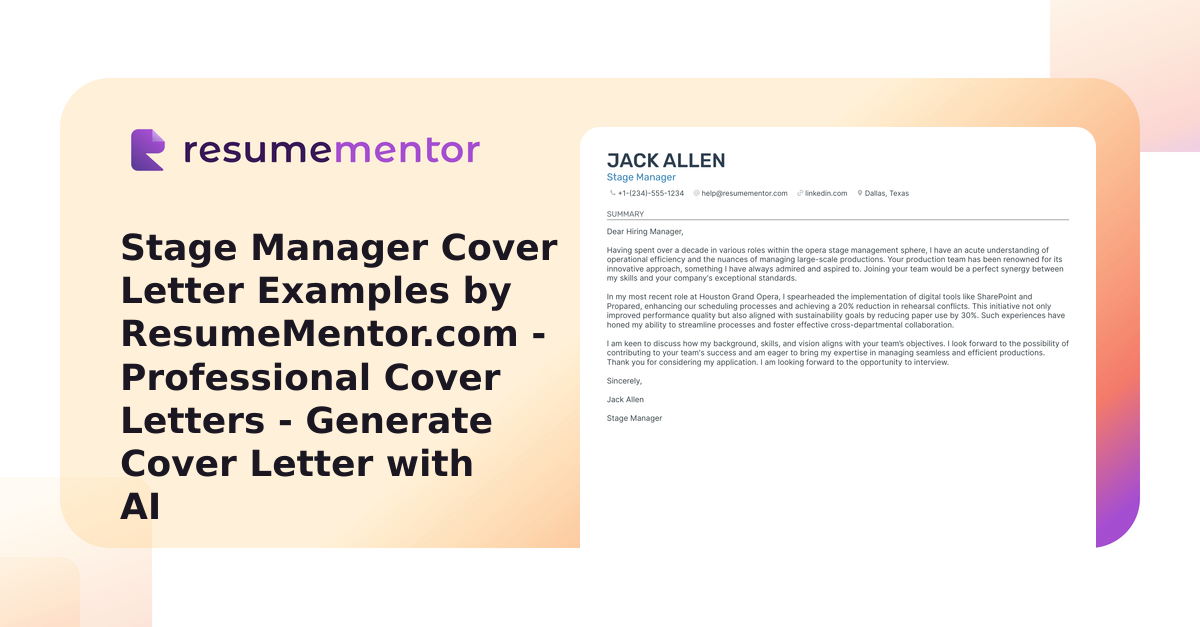 Stage Manager Cover Letter Examples by ResumeMentor.com - Professional ...