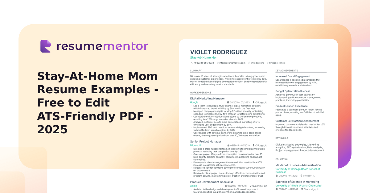 Stay-At-Home Mom Resume Examples - Free to Edit ATS-Friendly PDF - 2025