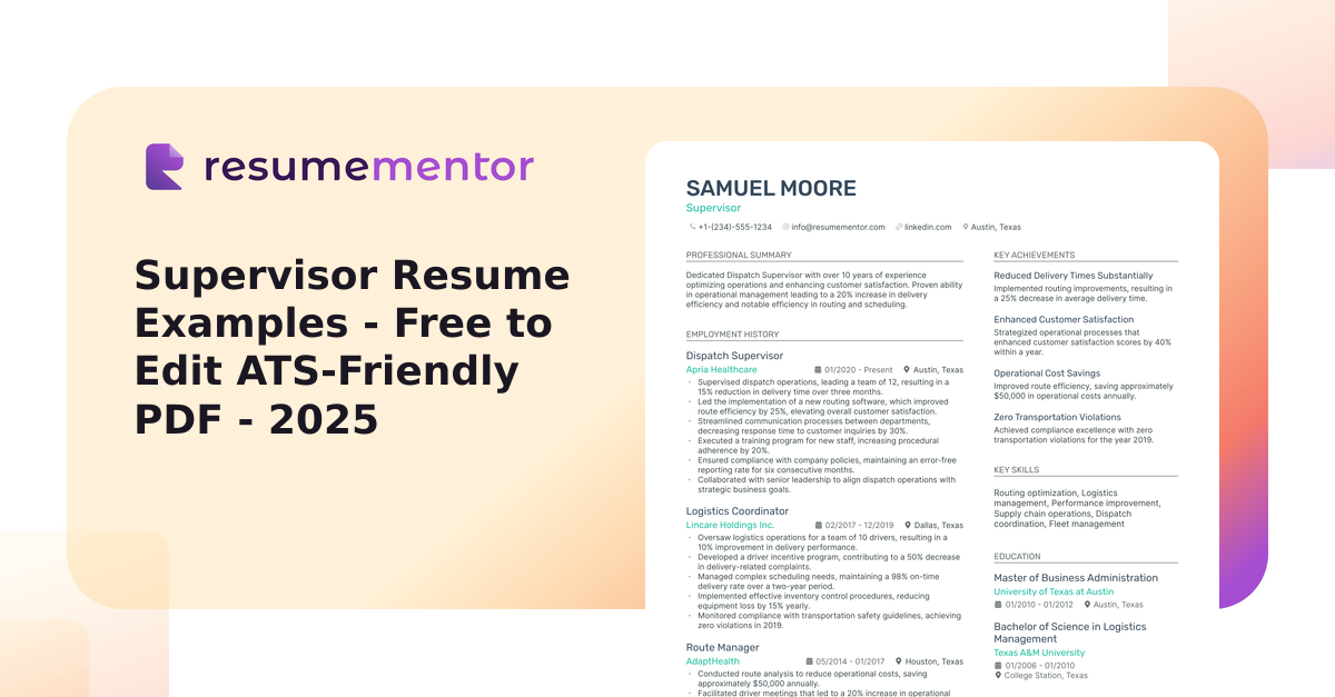 Supervisor Resume Examples - Free to Edit ATS-Friendly PDF - 2025
