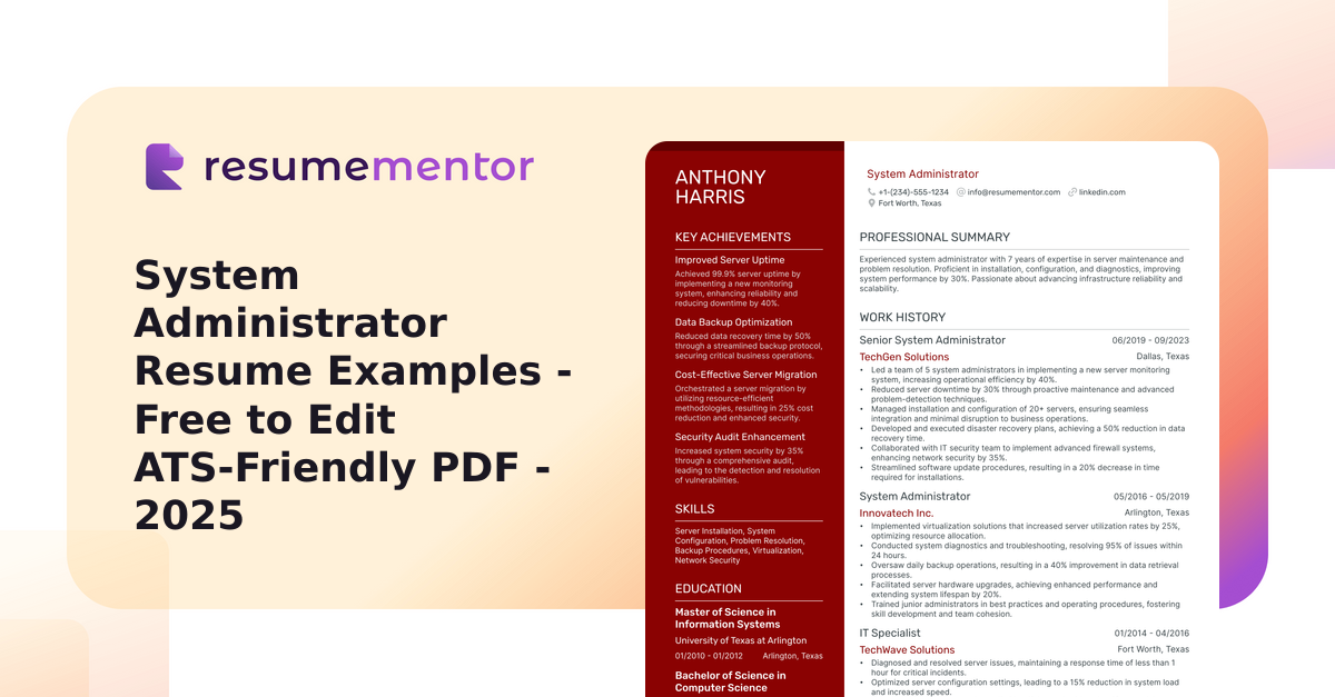 System Administrator Resume Examples - Free to Edit ATS-Friendly PDF - 2025
