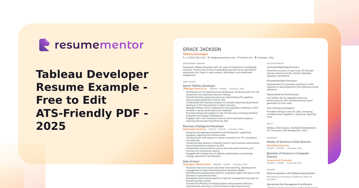 Tableau Developer Resume Example - Free to Edit ATS-Friendly PDF - 2025