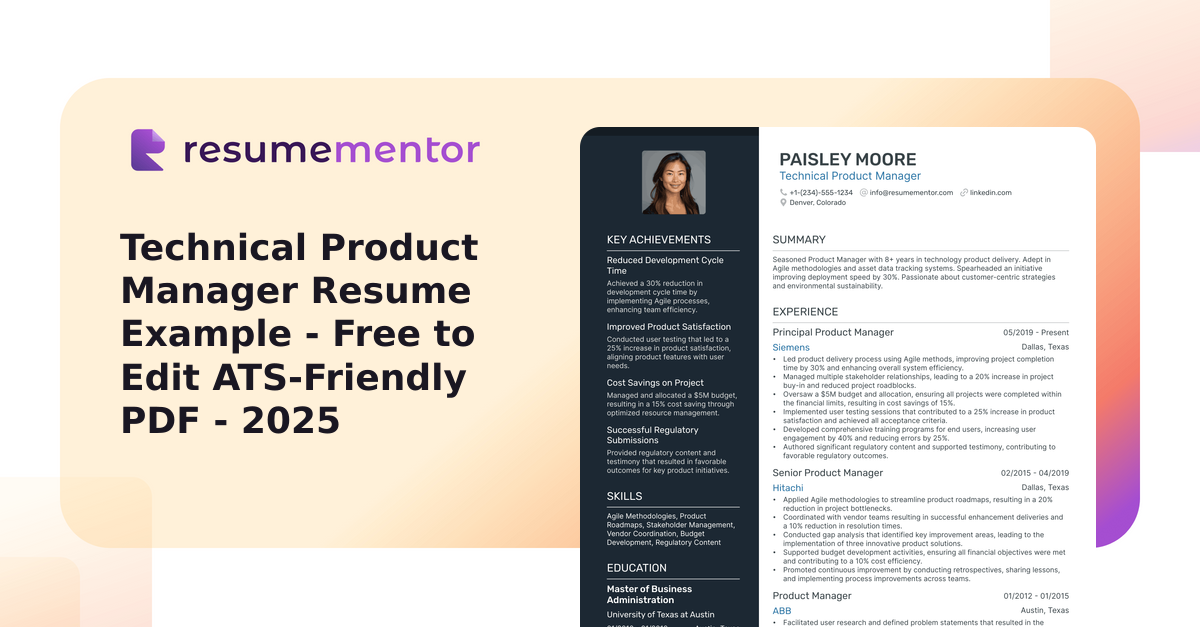 Technical Product Manager Resume Example - Free to Edit ATS-Friendly ...