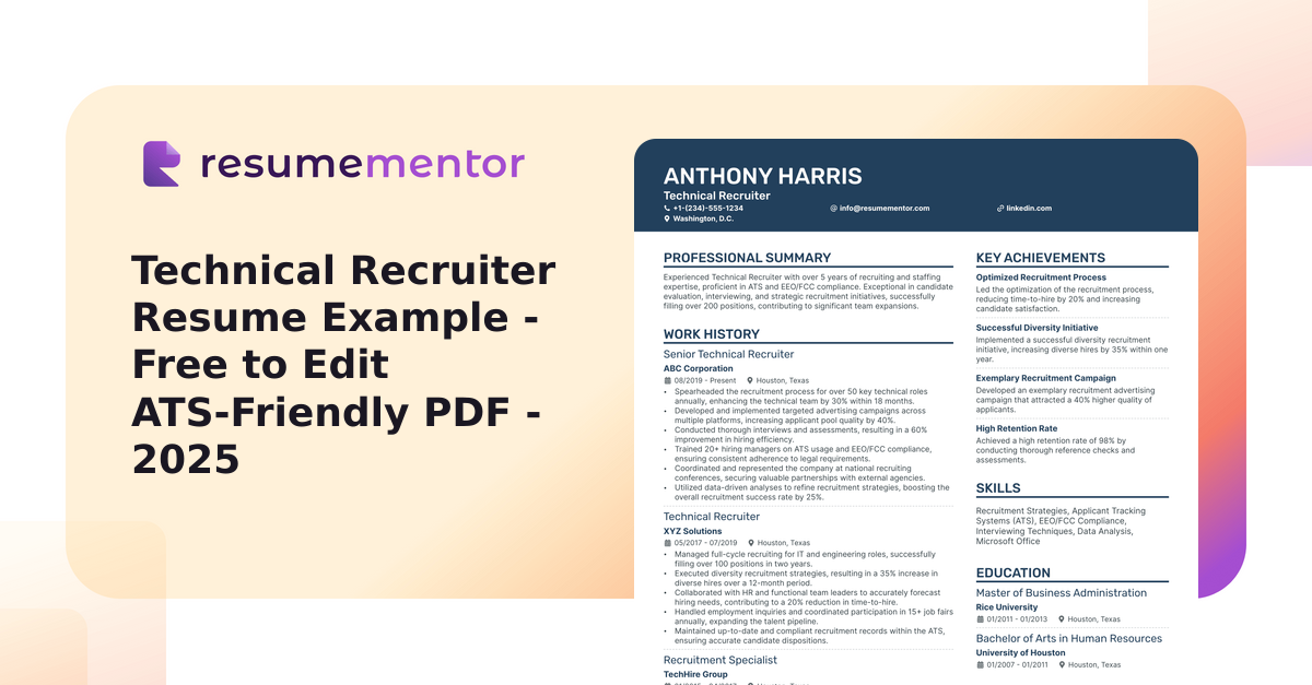 Technical Recruiter Resume Example - Free to Edit ATS-Friendly PDF - 2025