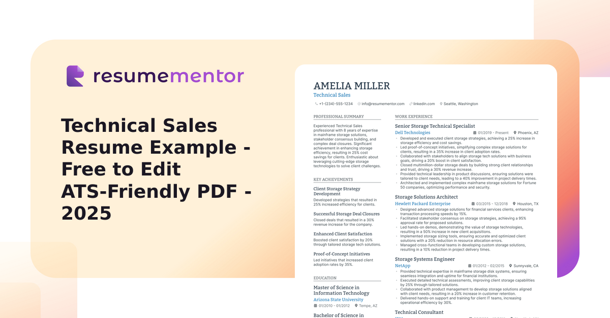 Technical Sales Resume Example - Free to Edit ATS-Friendly PDF - 2025