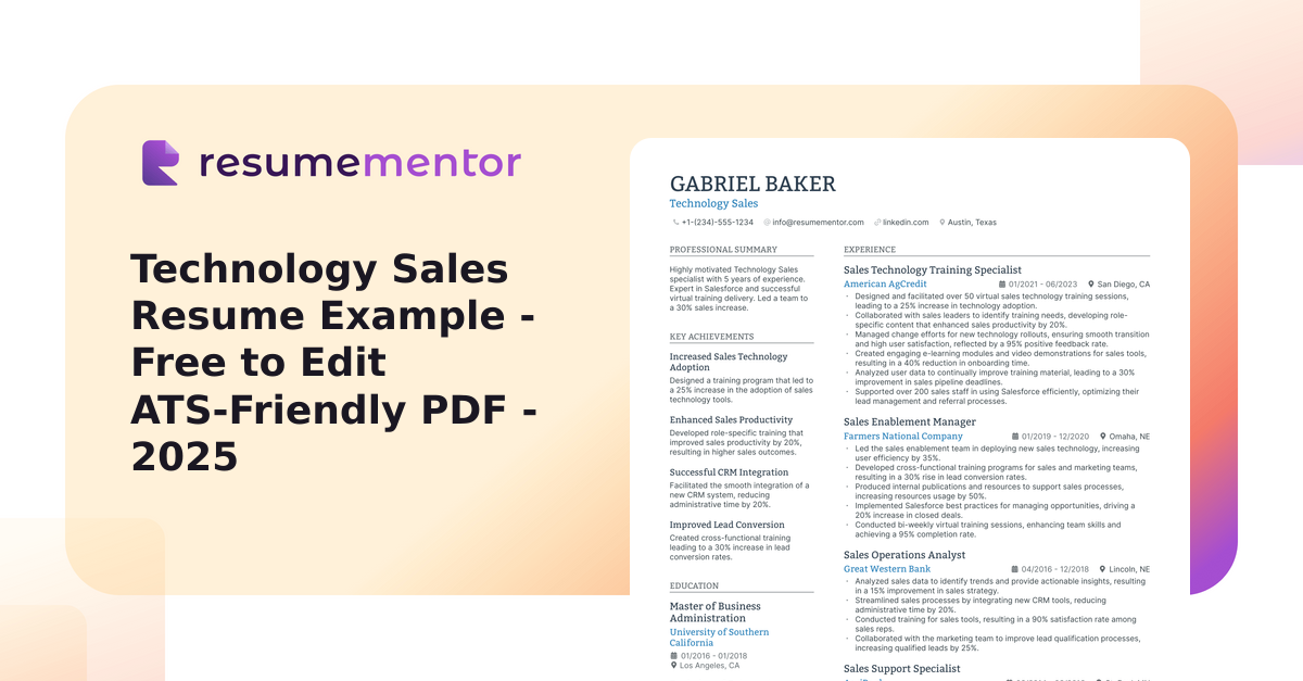 Technology Sales Resume Example - Free to Edit ATS-Friendly PDF - 2025