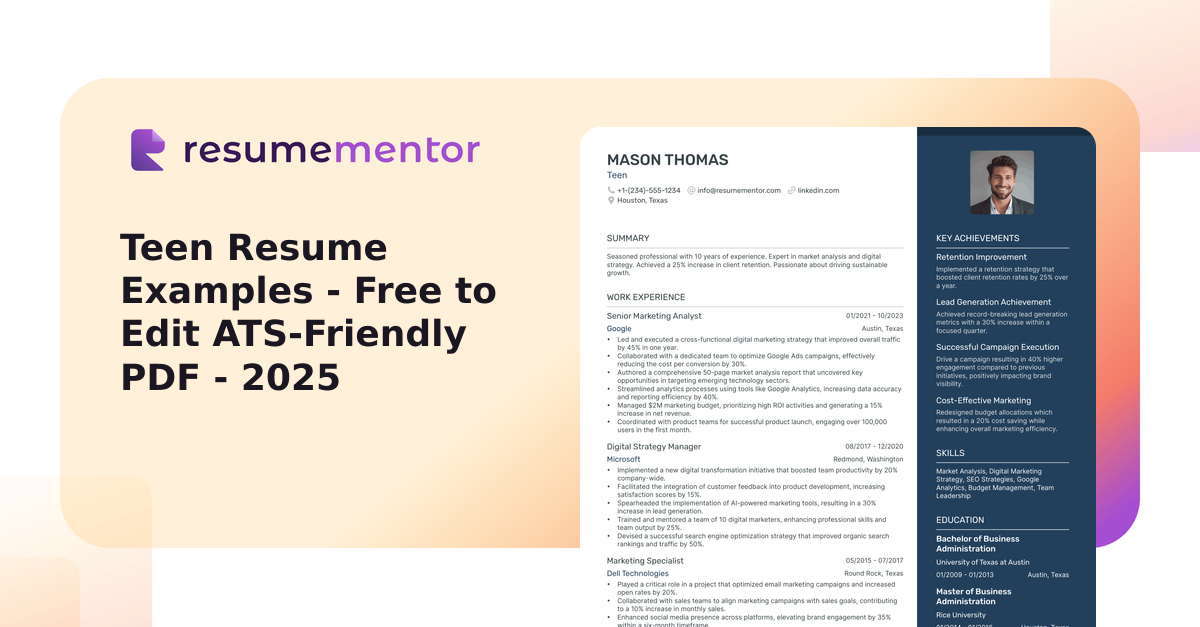 Teen Resume Examples - Free to Edit ATS-Friendly PDF - 2025