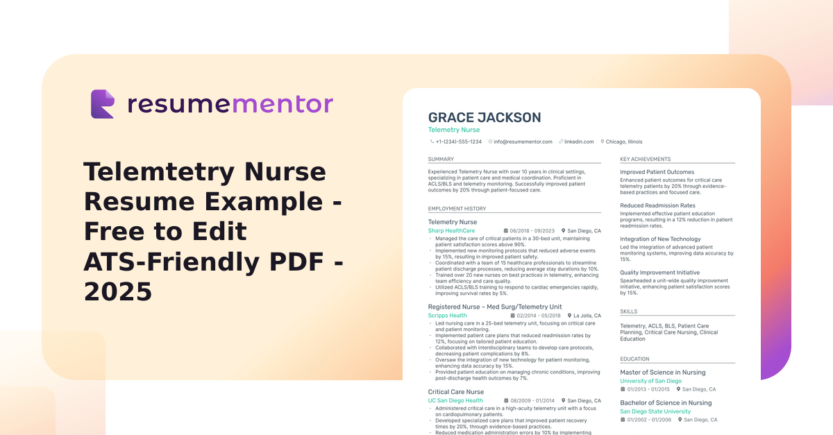 Telemtetry Nurse Resume Example - Free to Edit ATS-Friendly PDF - 2025