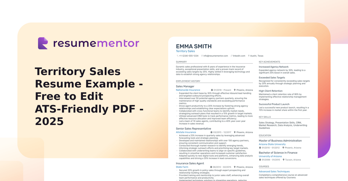 Territory Sales Resume Example - Free to Edit ATS-Friendly PDF - 2025