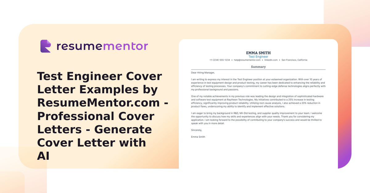 Test Engineer Cover Letter Examples by ResumeMentor.com - Professional ...