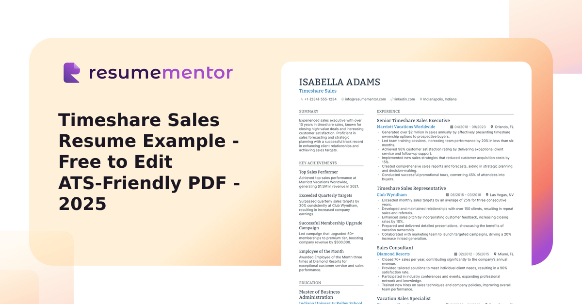 Timeshare Sales Resume Example - Free to Edit ATS-Friendly PDF - 2025