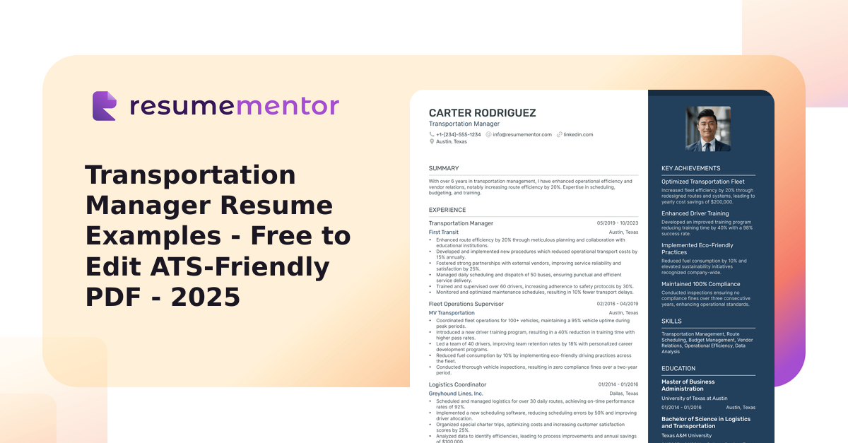Transportation Manager Resume Examples - Free to Edit ATS-Friendly PDF ...