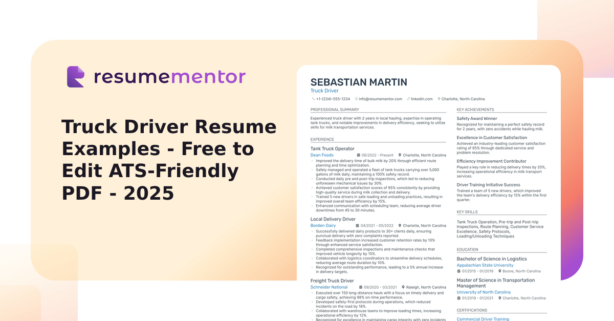 Truck Driver Resume Examples - Free to Edit ATS-Friendly PDF - 2025