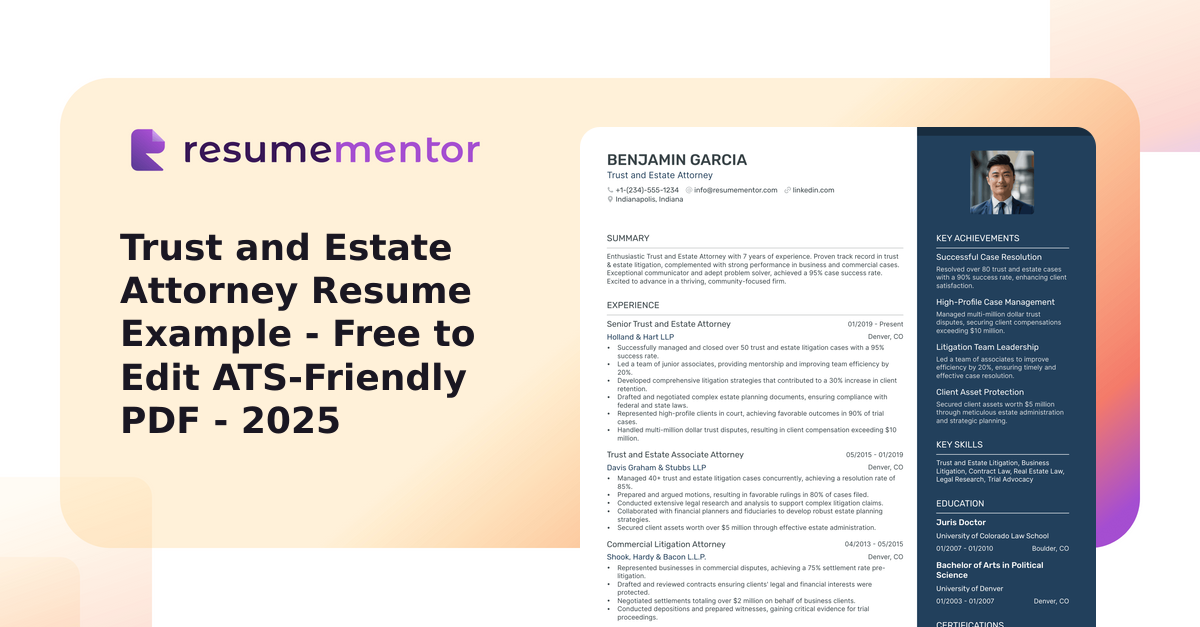 Trust and Estate Attorney Resume Example - Free to Edit ATS-Friendly ...
