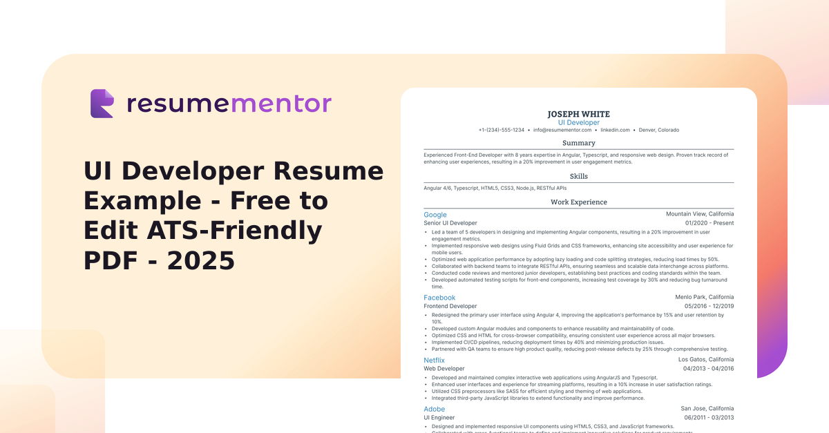 UI Developer Resume Example - Free to Edit ATS-Friendly PDF - 2025