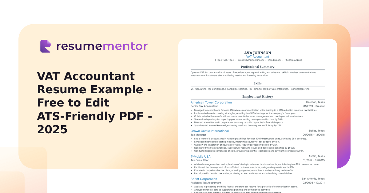 VAT Accountant Resume Example - Free to Edit ATS-Friendly PDF - 2025