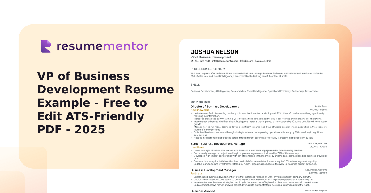 VP of Business Development Resume Example - Free to Edit ATS-Friendly ...