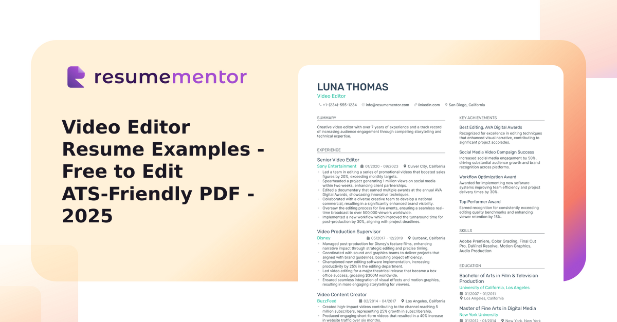 Video Editor Resume Examples - Free to Edit ATS-Friendly PDF - 2025