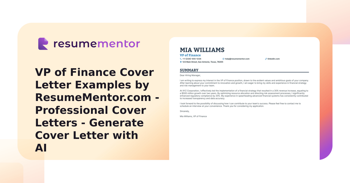 VP of Finance Cover Letter Examples by ResumeMentor.com - Professional ...