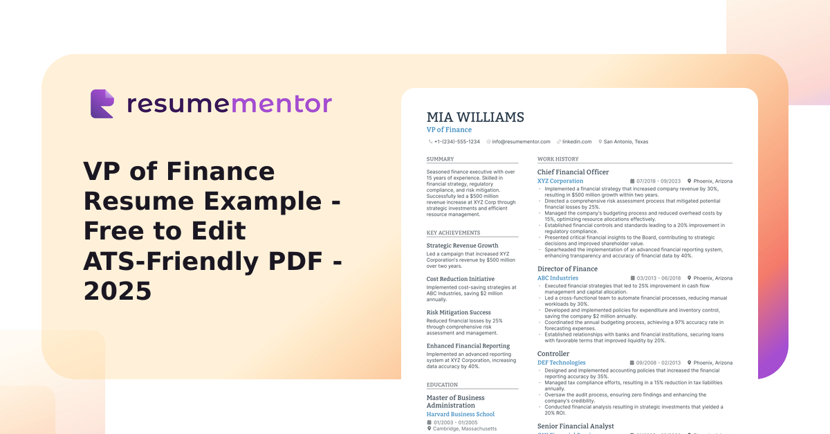 VP of Finance Resume Example - Free to Edit ATS-Friendly PDF - 2025