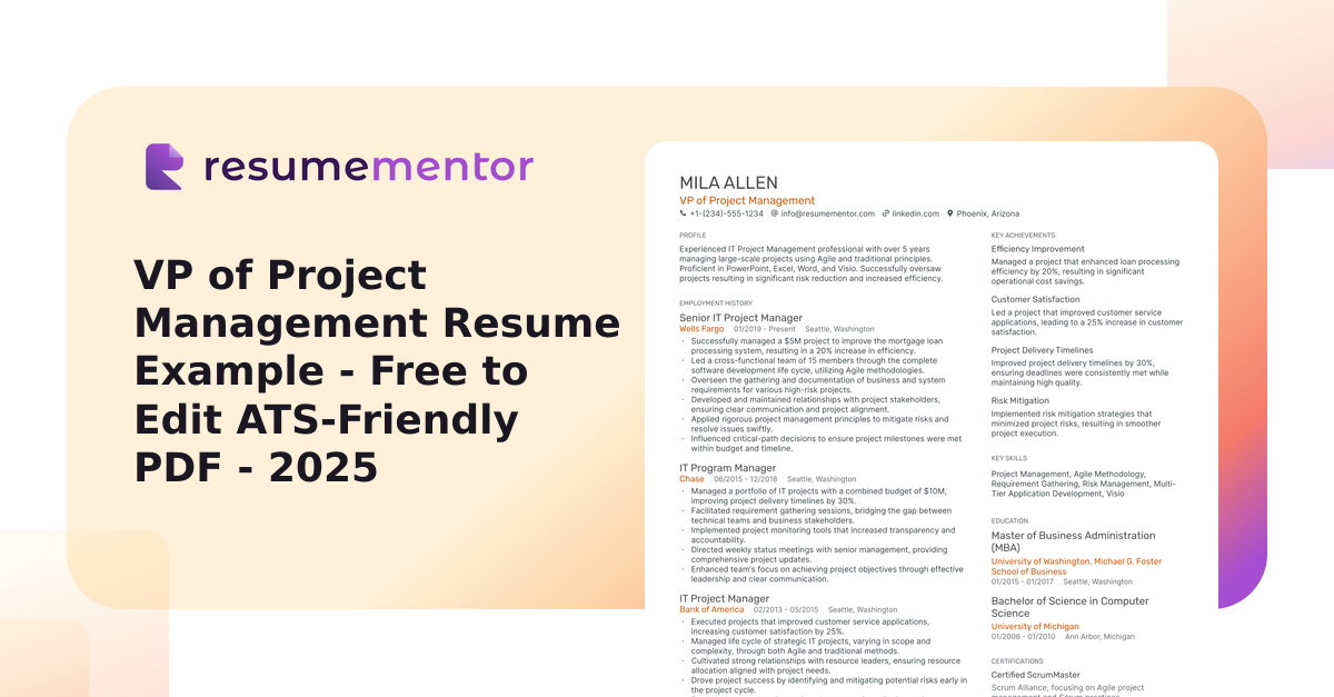VP of Project Management Resume Example - Free to Edit ATS-Friendly PDF ...